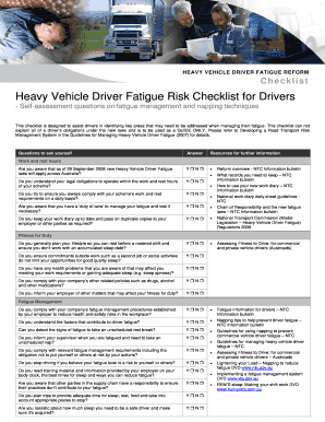 Fillable Online Heavy Vehicle Driver Fatigue Risk Checklist for Drivers ...
