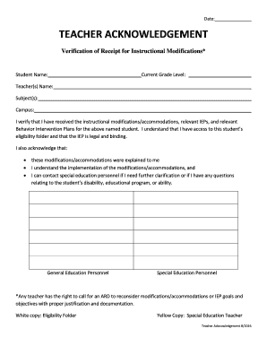 Fillable Online TEACHER ACKNOWLEDGEMENT Fax Email Print - pdfFiller