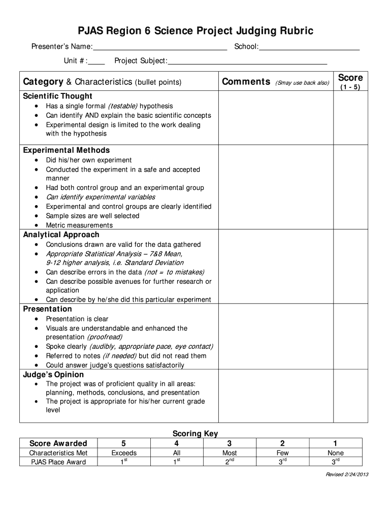 Fillable Online PJAS Region 6 Science Project Judging Rubric Fax Email ...