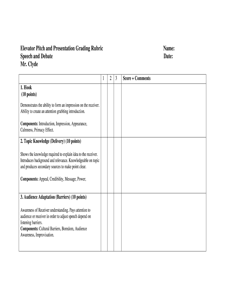 Fillable Online Elevator Pitch and Presentation Grading Rubric Fax ...