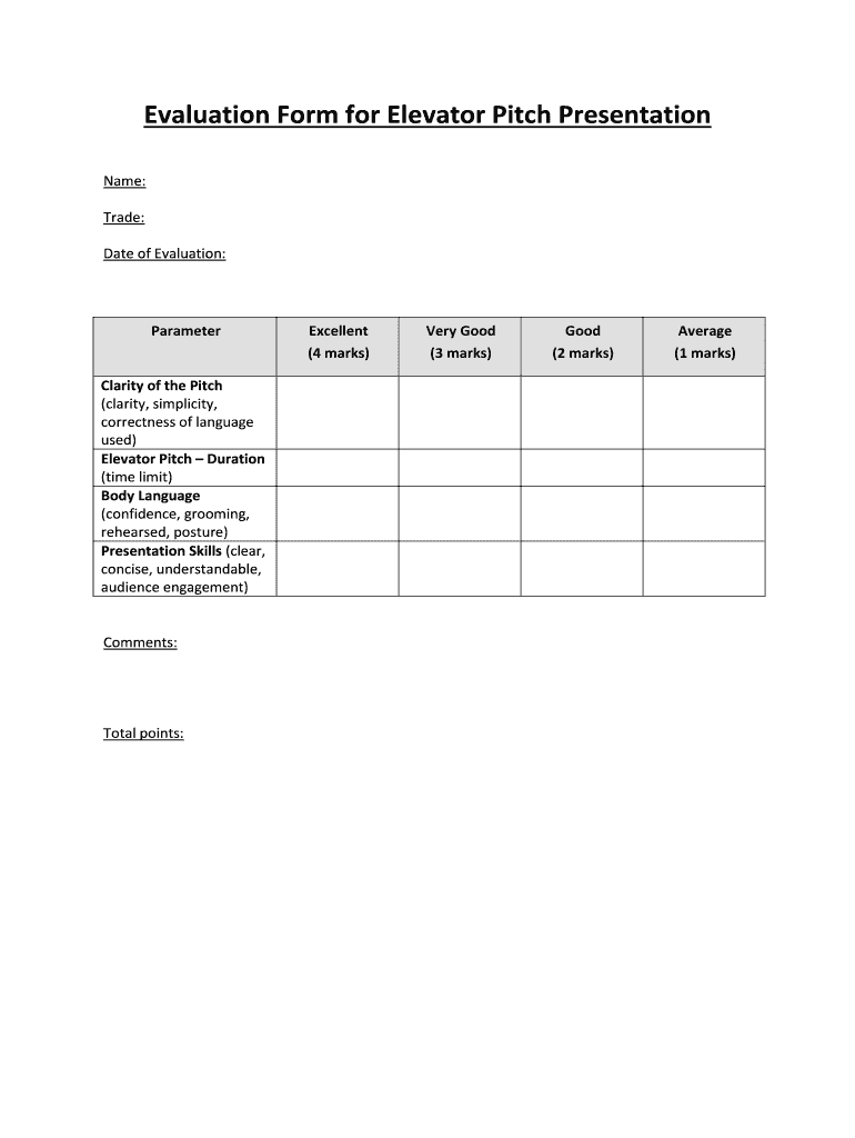 Fillable Online Evaluation Form for Elevator Pitch Presentation Fax ...
