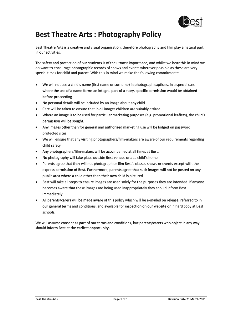 Fillable Online Best Theatre Arts : Photography Policy Fax Email Print ...