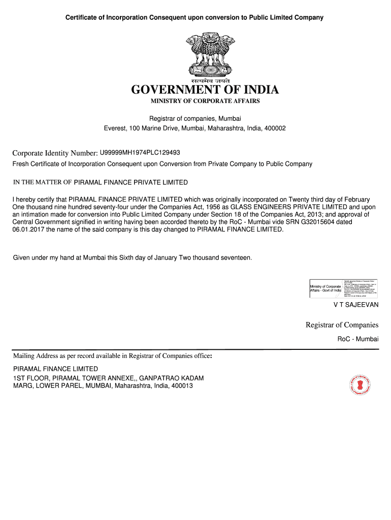 Fillable Online Certificate of Incorporation Consequent upon conversion ...