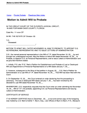 Fillable Online Motion to Admit Will Probate Fax Email Print - pdfFiller