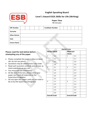 Fillable Online Level 1 Award ESOL Skills for Life (Writing) Fax Email ...