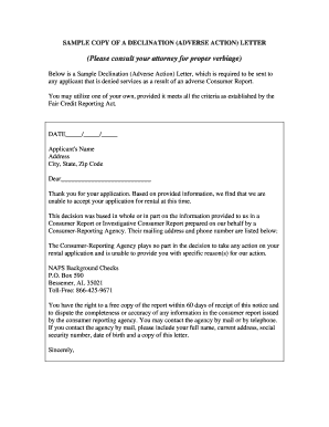Fillable Online SAMPLE COPY OF A DECLINATION (ADVERSE ACTION) LETTER ...