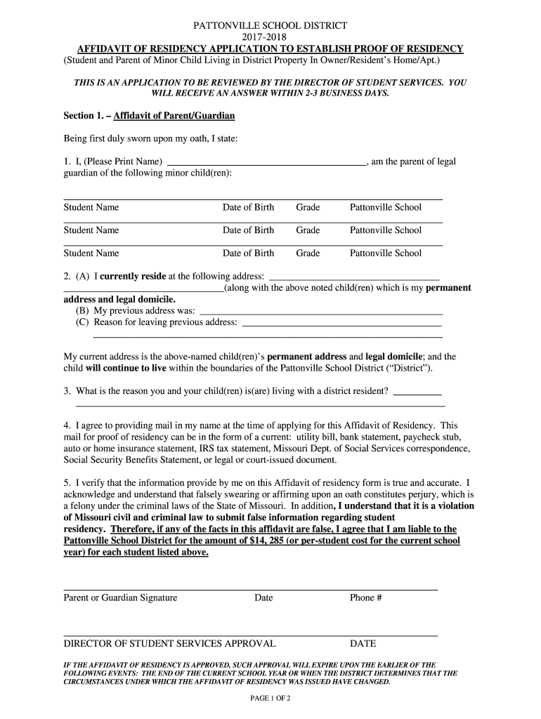 Fillable Online AFFIDAVIT OF RESIDENCY APPLICATION TO ESTABLISH PROOF ...
