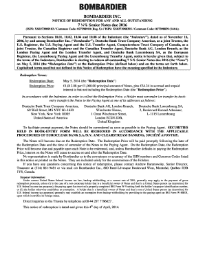 Fillable Online NOTICE OF REDEMPTION FOR ANY AND ALL OUTSTANDING Fax ...