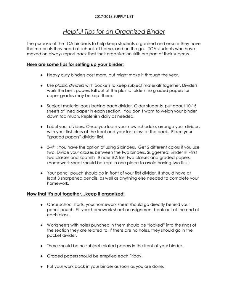 Fillable Online Helpful Tips for an Organized Binder Fax Email Print ...