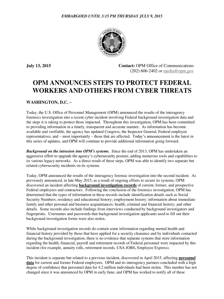 Fillable Online Contact: OPM Office of Communications Fax Email Print ...