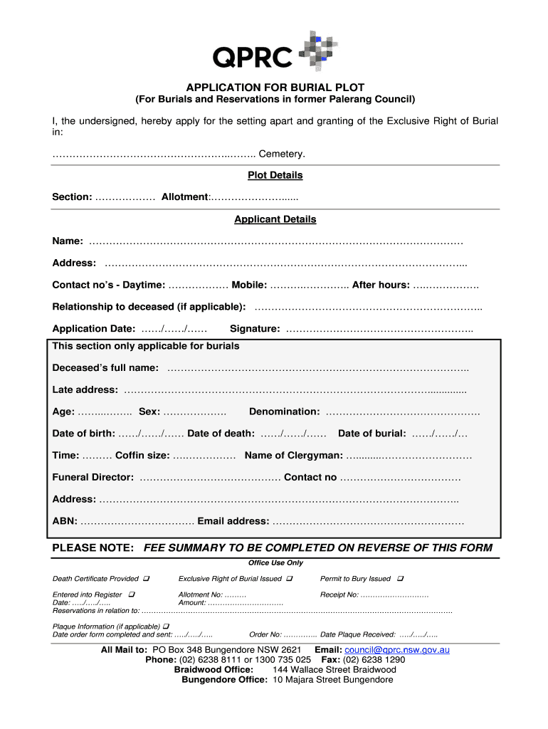 Fillable Online APPLICATION FOR BURIAL PLOT Fax Email Print - pdfFiller