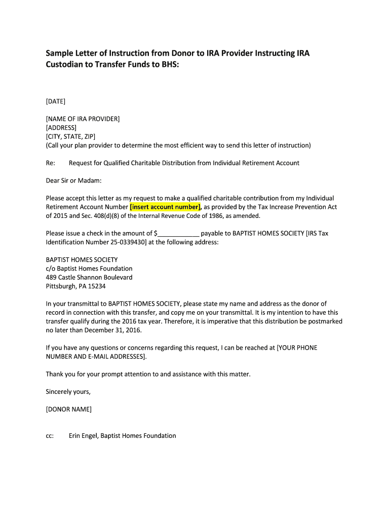 Fillable Online Sample Letter of Instruction from Donor to IRA Provider ...