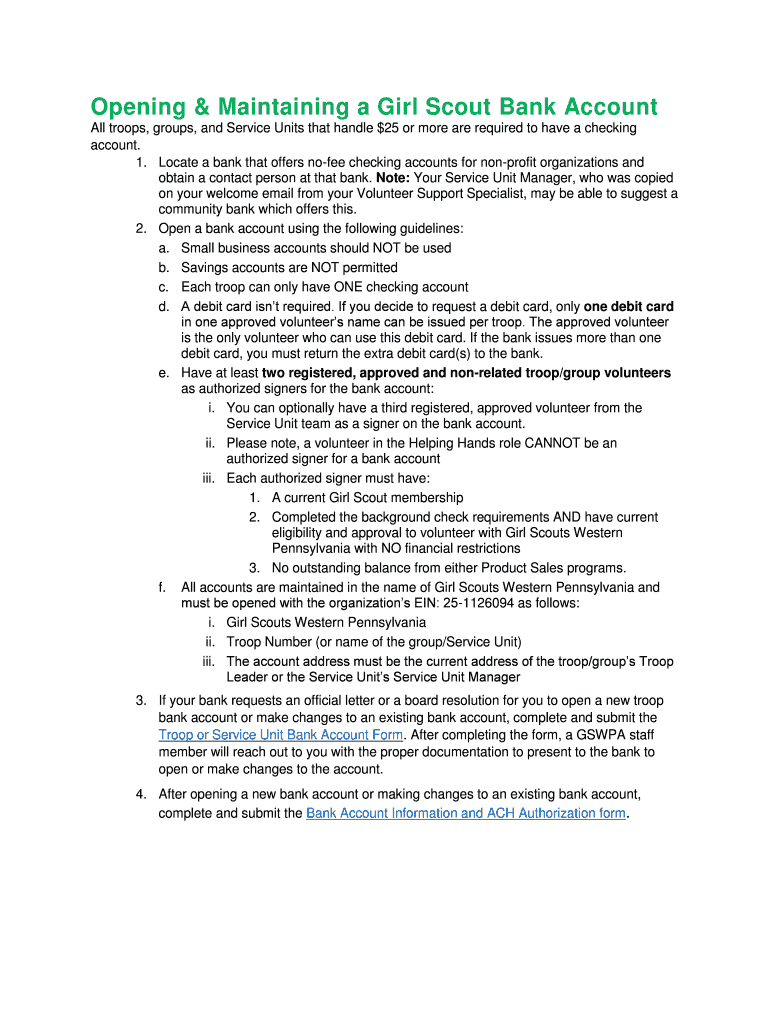 Fillable Online Opening & Maintaining a Girl Scout Bank Account Fax ...
