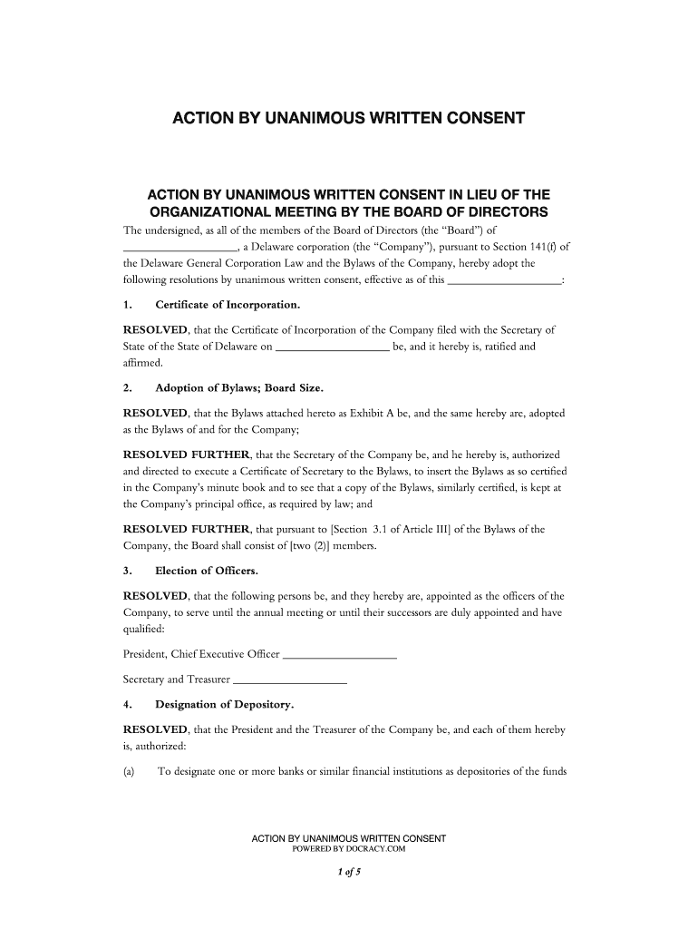 Fillable Online action by unanimous written consent in lieu of the ... - Docracy Fax Email Print ...