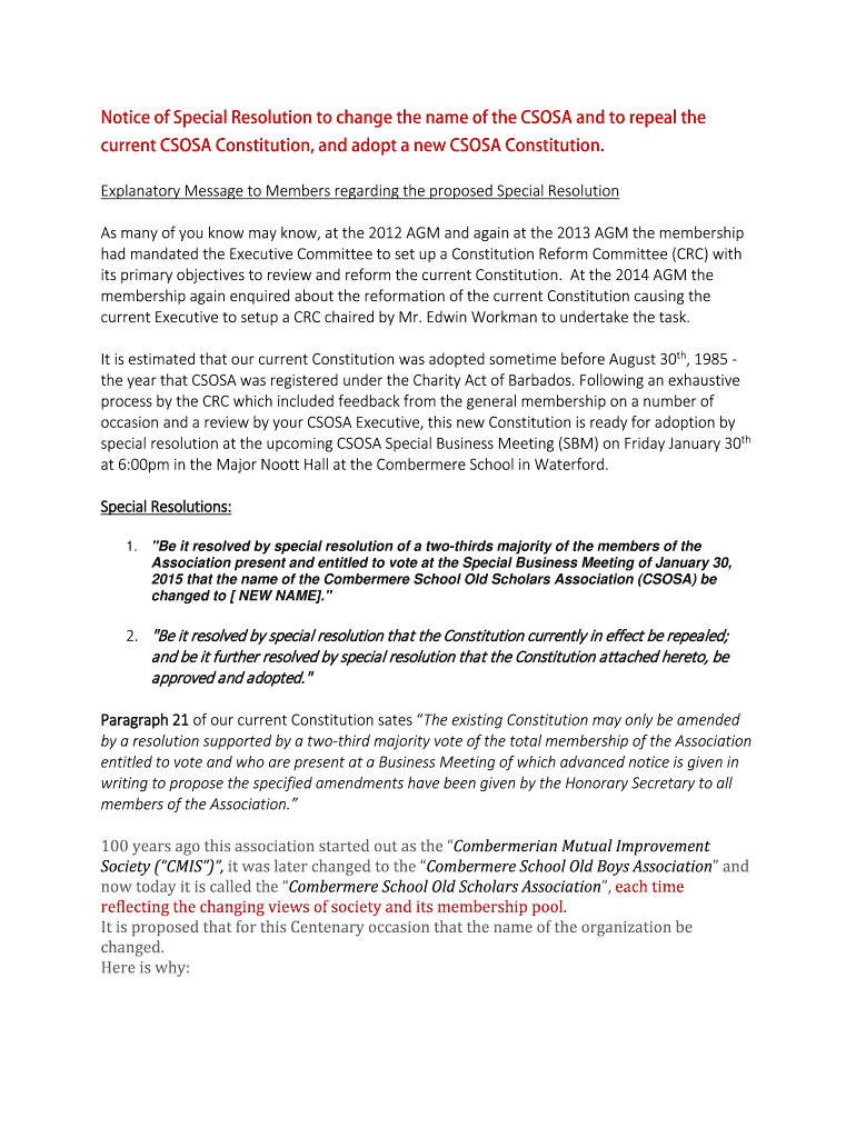Fillable Online Notice of Special Resolution to change the name of the ...