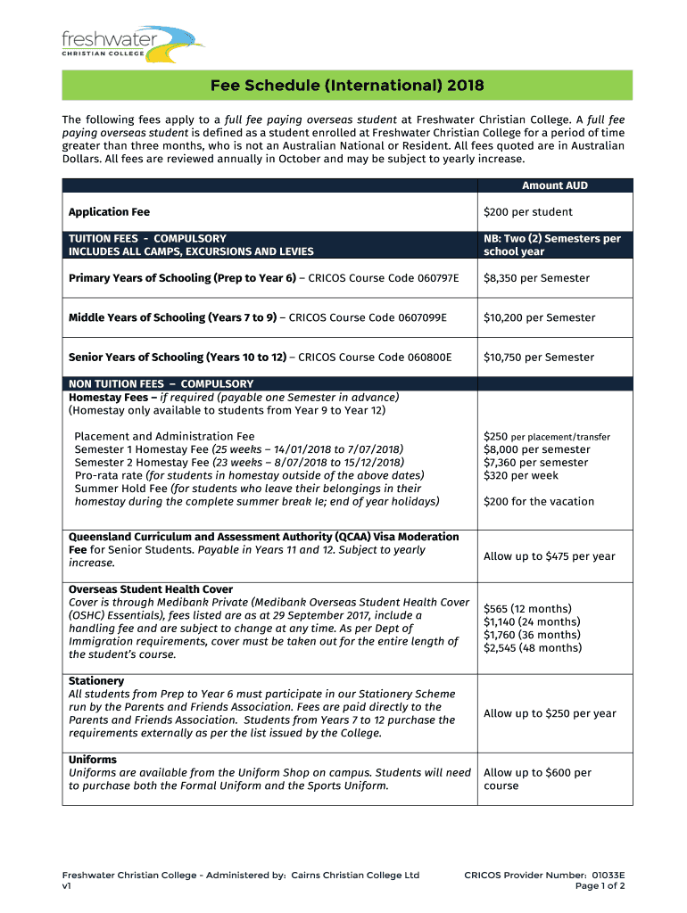 Fillable Online The following fees apply to a full fee paying overseas ...