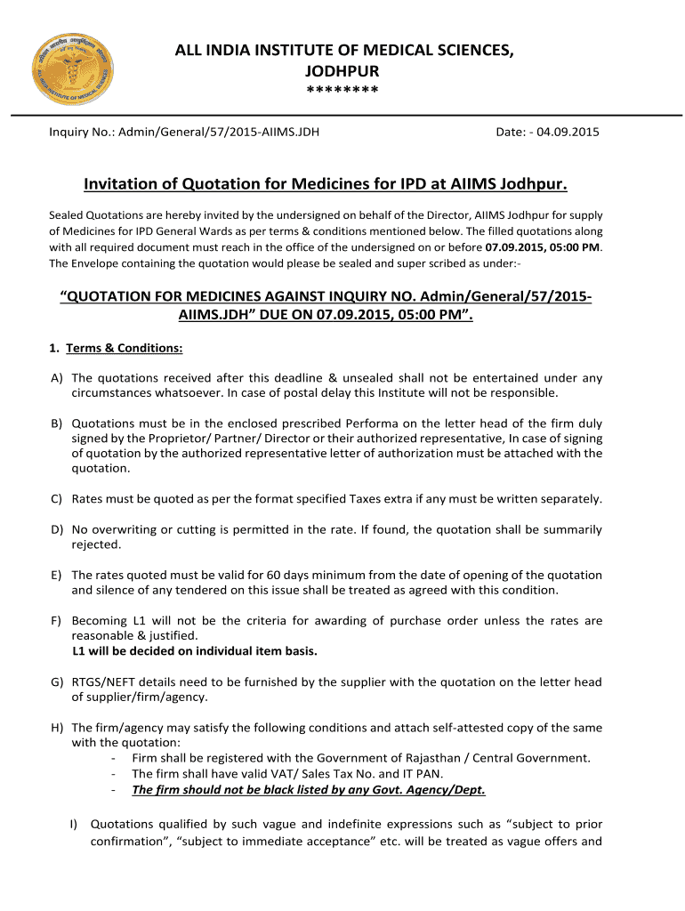Fillable Online Invitation of Quotation for Medicines for IPD at AIIMS ...