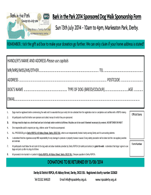Fillable Online Bark in the Park 2014 Sponsored Dog Walk Sponsorship ...