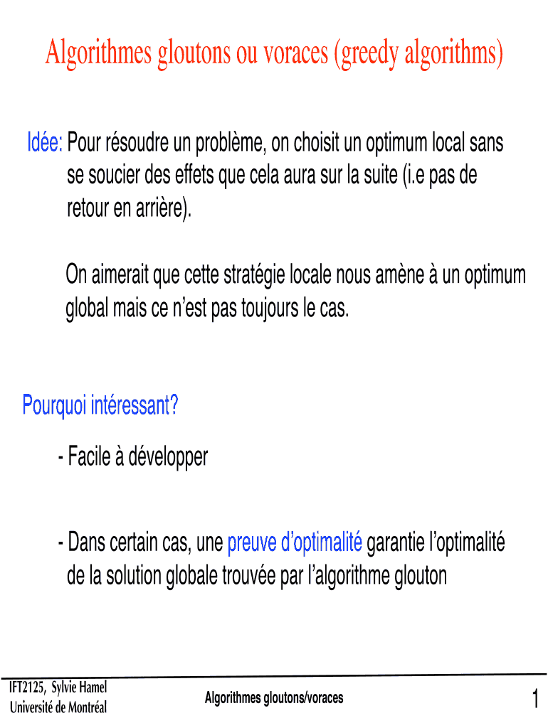 Fillable Online Algorithmes gloutons ou voraces (greedy algorithms) Fax Email Print - pdfFiller