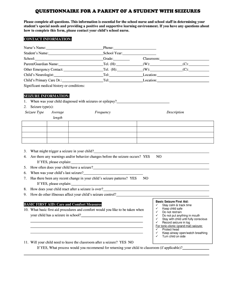 Fillable Online QUESTIONNAIRE FOR A PARENT OF A STUDENT WITH SEIZURES ...