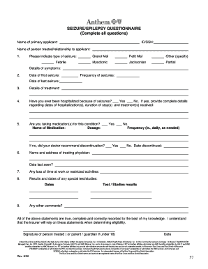 Fillable Online SEIZURE/EPILEPSY QUESTIONNAIRE Fax Email Print - pdfFiller