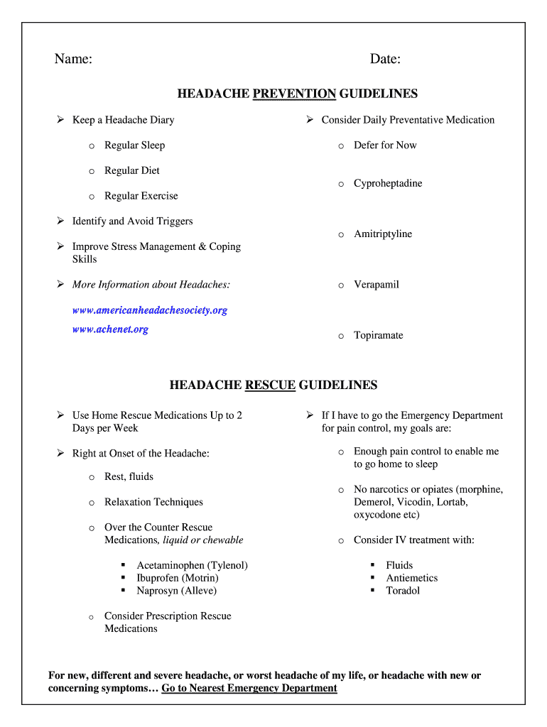 Fillable Online HEADACHE PREVENTION GUIDELINES Fax Email Print - pdfFiller