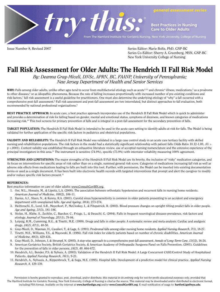 Fillable Online Fall Risk Assessment for Older Adults: The Hendrich II ...