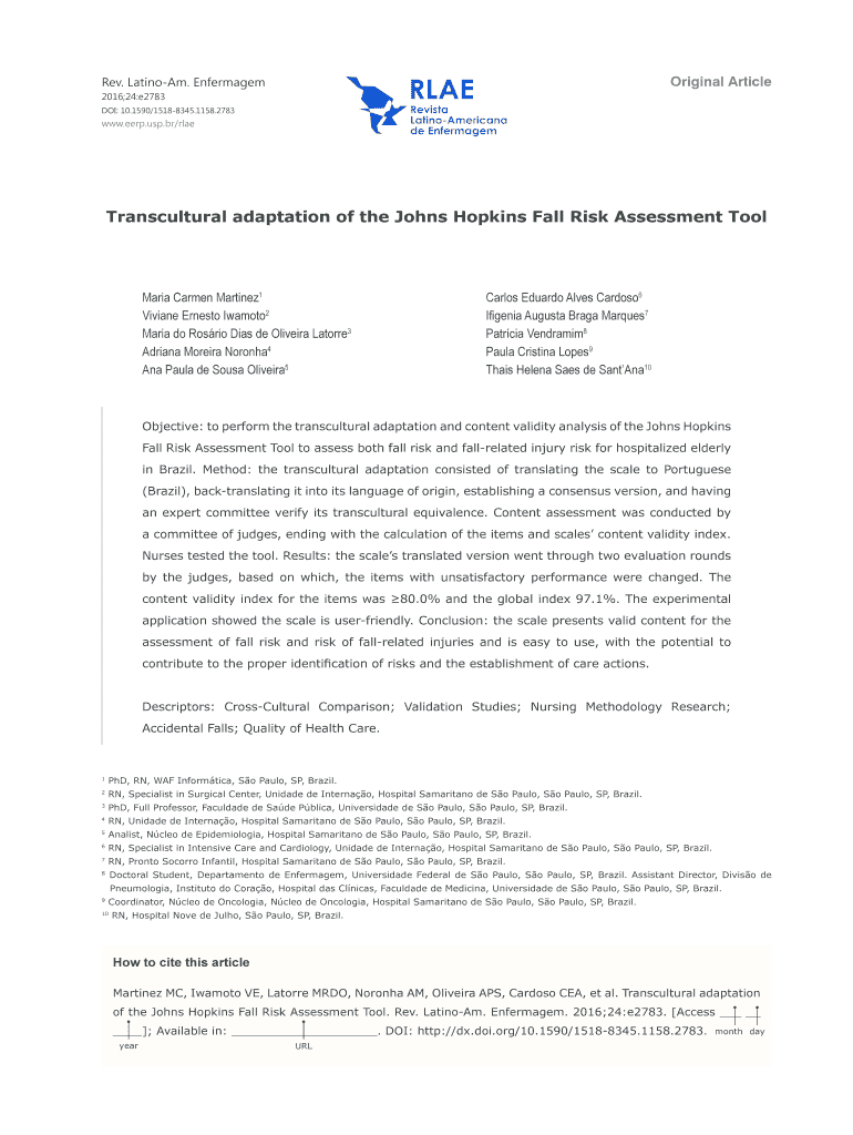 Fillable Online Transcultural adaptation of the Johns Hopkins Fall Risk ...