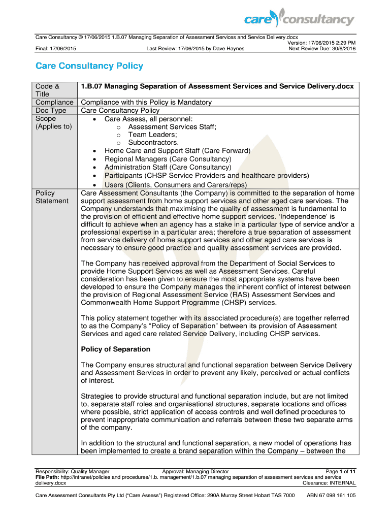 Fillable Online 07 Managing Separation of Assessment Services and ...