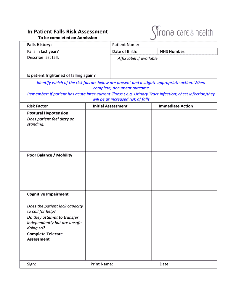 Fillable Online In Patient Falls Risk Assessment Fax Email Print ...