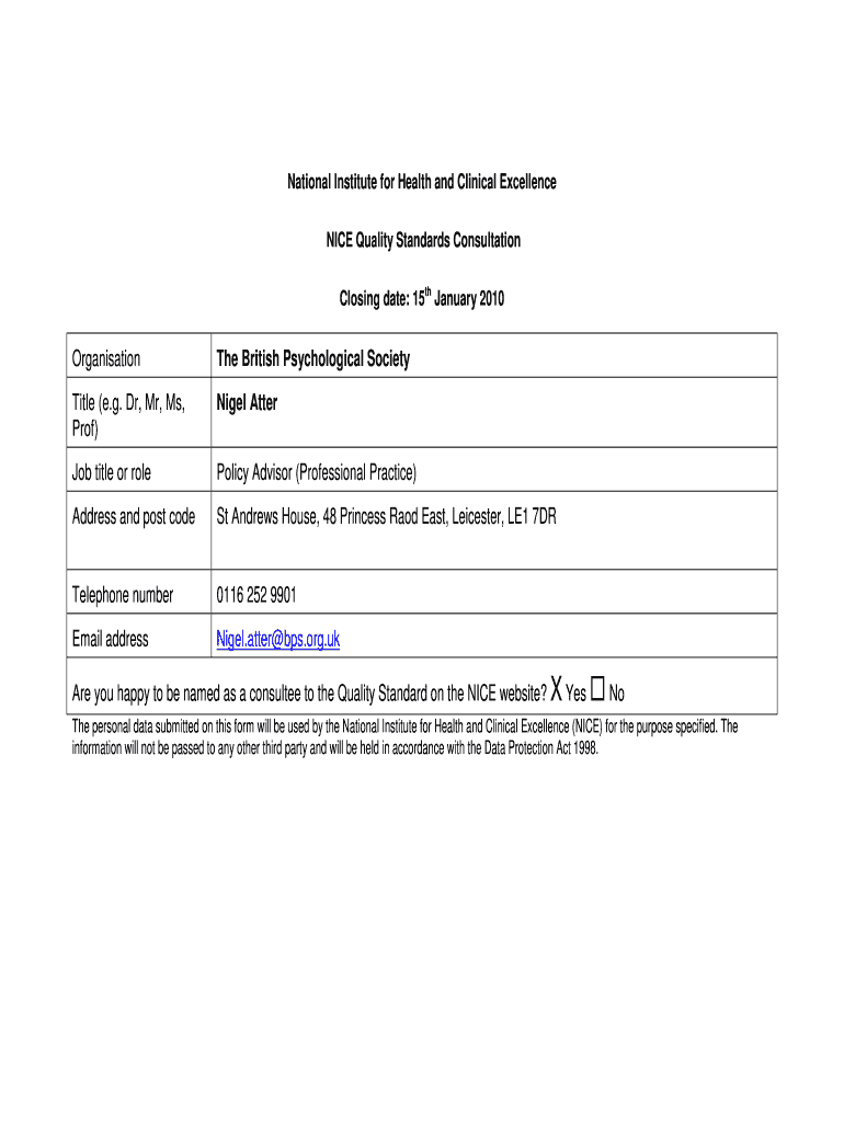 Fillable Online NICE Quality Standards Consultation Fax Email Print ...