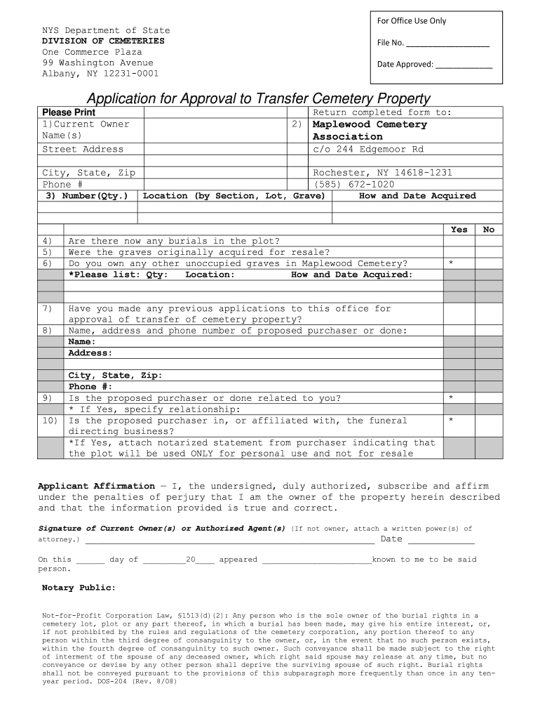 Fillable Online Application for Approval to Transfer Cemetery Property ...