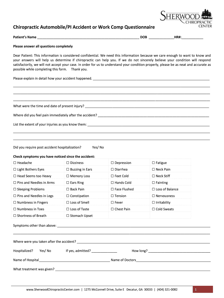 Fillable Online Chiropractic Automobile/PI Accident or Work Comp ...