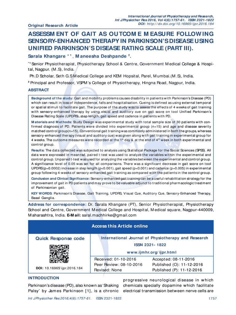 Fillable Online ASSESSMENT OF GAIT AS OUTCOME MEASURE FOLLOWING Fax Email Print - pdfFiller