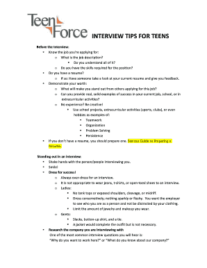 Fillable Online INTERVIEW TIPS FOR TEENS Fax Email Print - pdfFiller