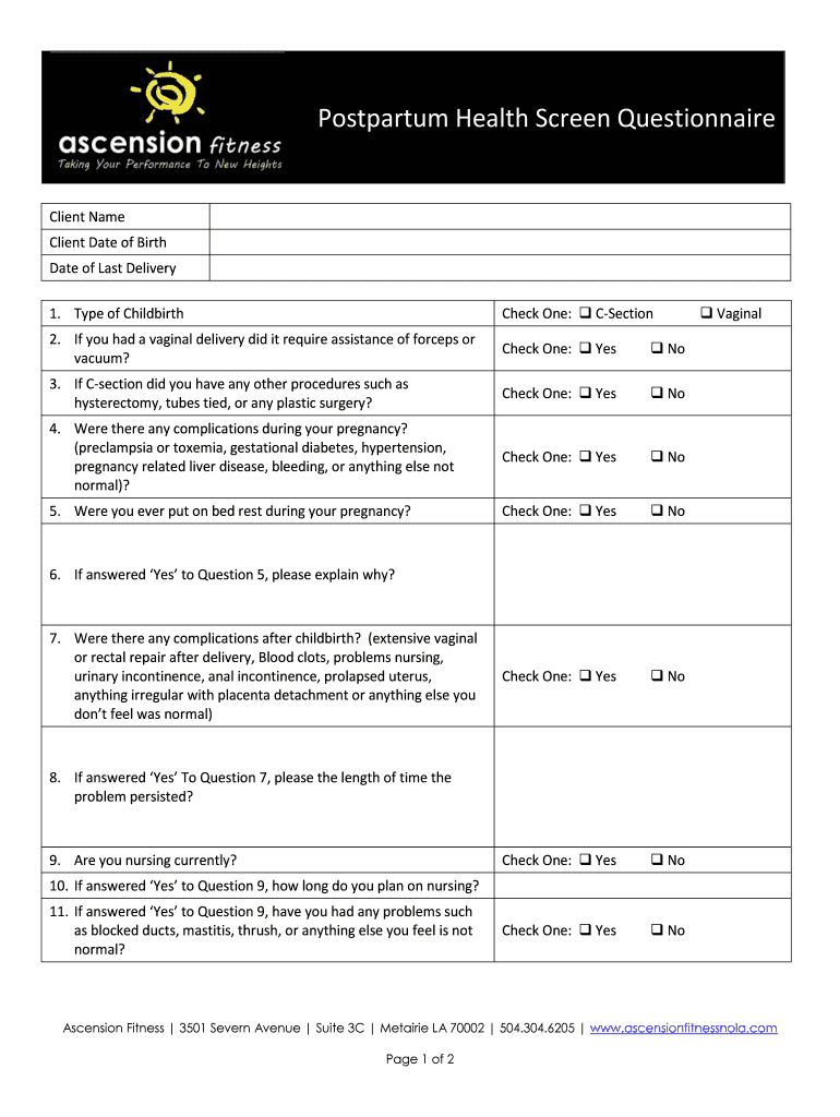 Fillable Online Postpartum Health Screen Questionnaire Fax Email Print ...