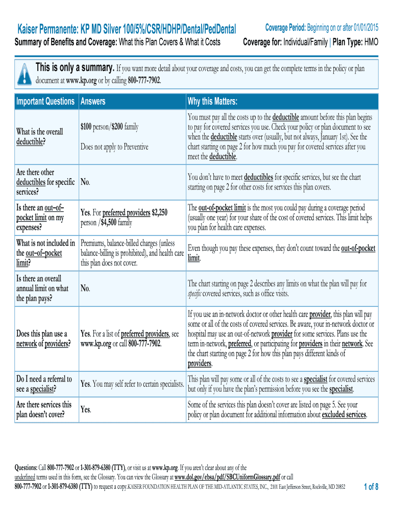 Fillable Online Kaiser Permanente: KP MD Silver 100/5%/CSR/HDHP/Dental ...
