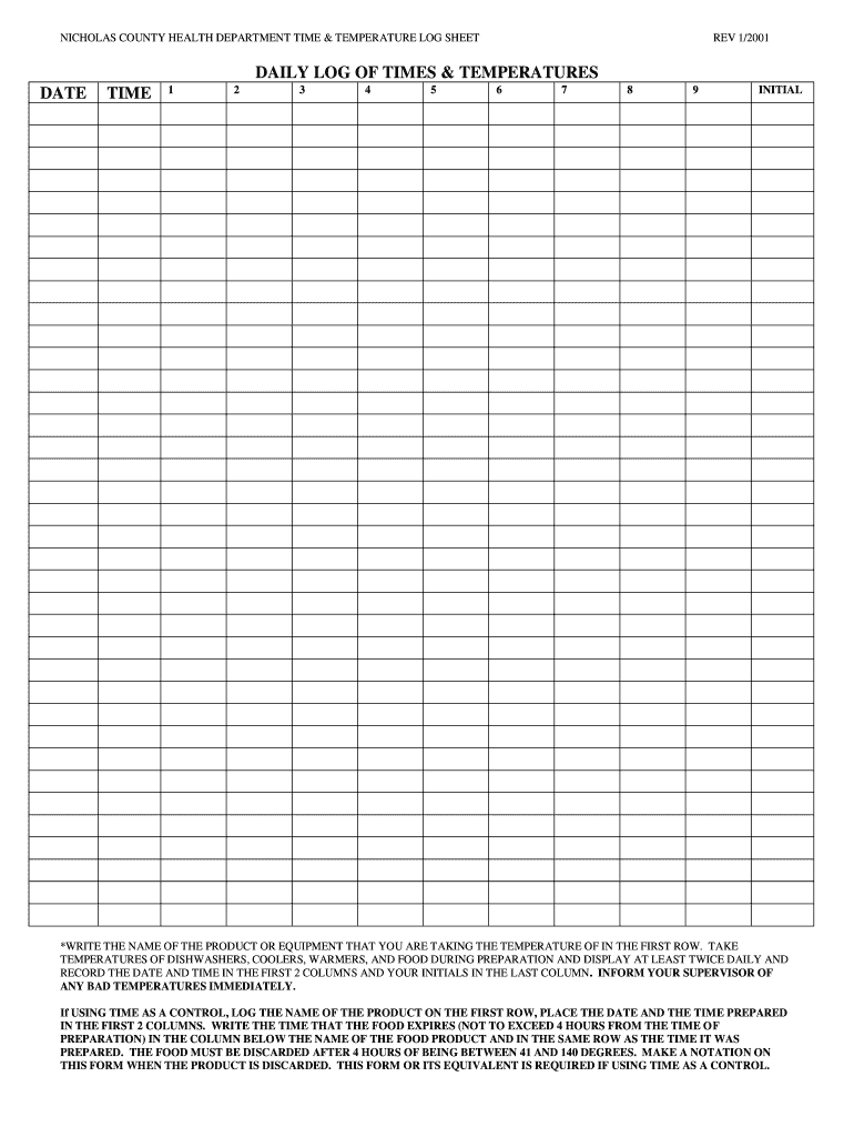 Fillable Online NICHOLAS COUNTY HEALTH DEPARTMENT TIME & TEMPERATURE ...