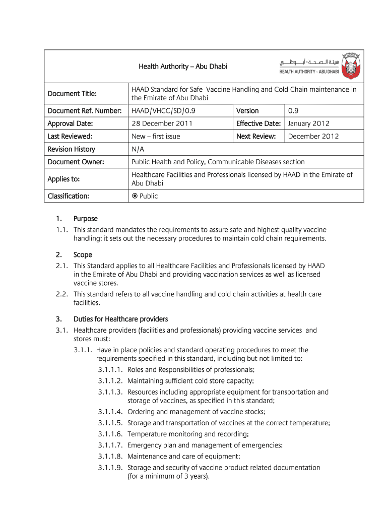 Fillable Online HAAD Standard for Safe Vaccine Handling and Cold Chain ...