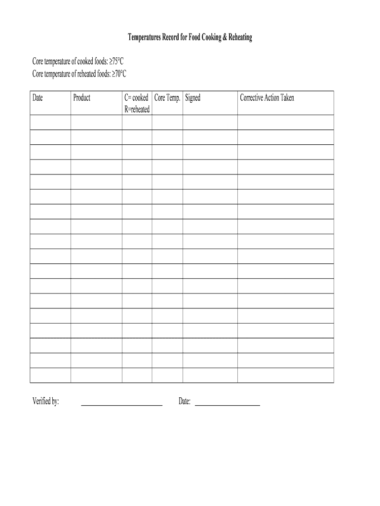 Fillable Online Temperatures Record for Food Cooking & Reheating Fax ...