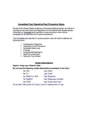 Fillable Online Immediate Post Operative/Post Procedure Notes Fax Email ...