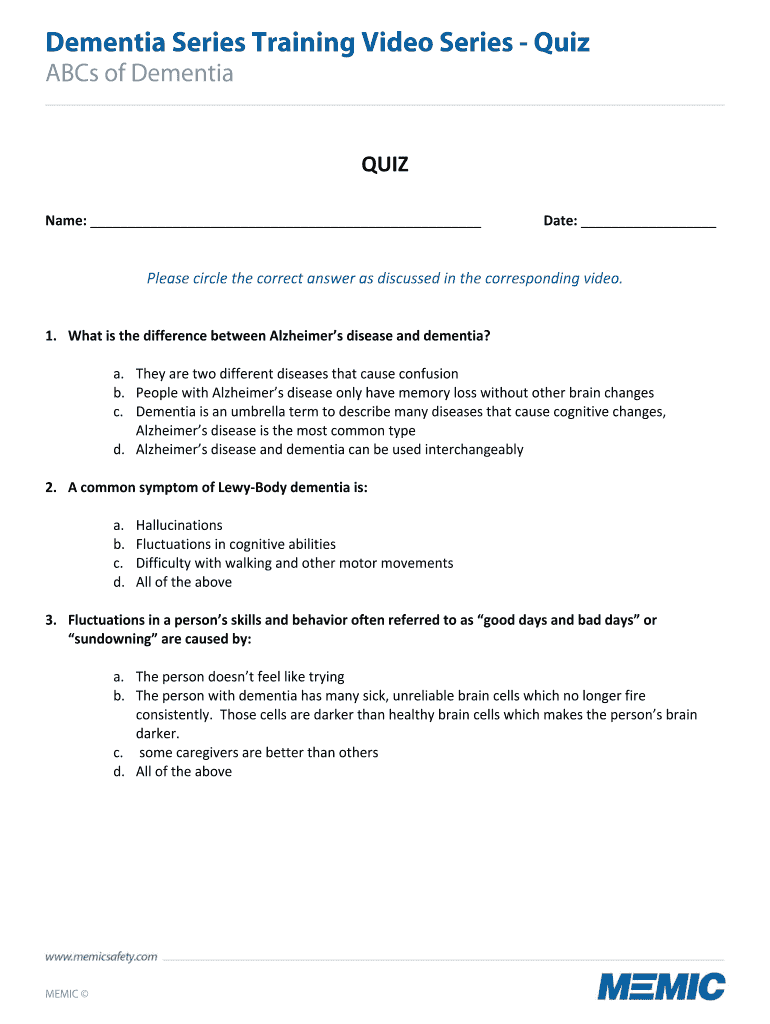Fillable Online Dementia Series Training Video Series - Quiz Fax Email ...
