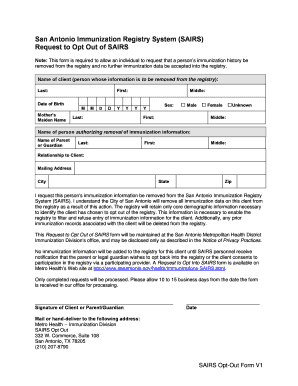 Fillable Online San Antonio Immunization Registry System (SAIRS) Fax Email Print - pdfFiller