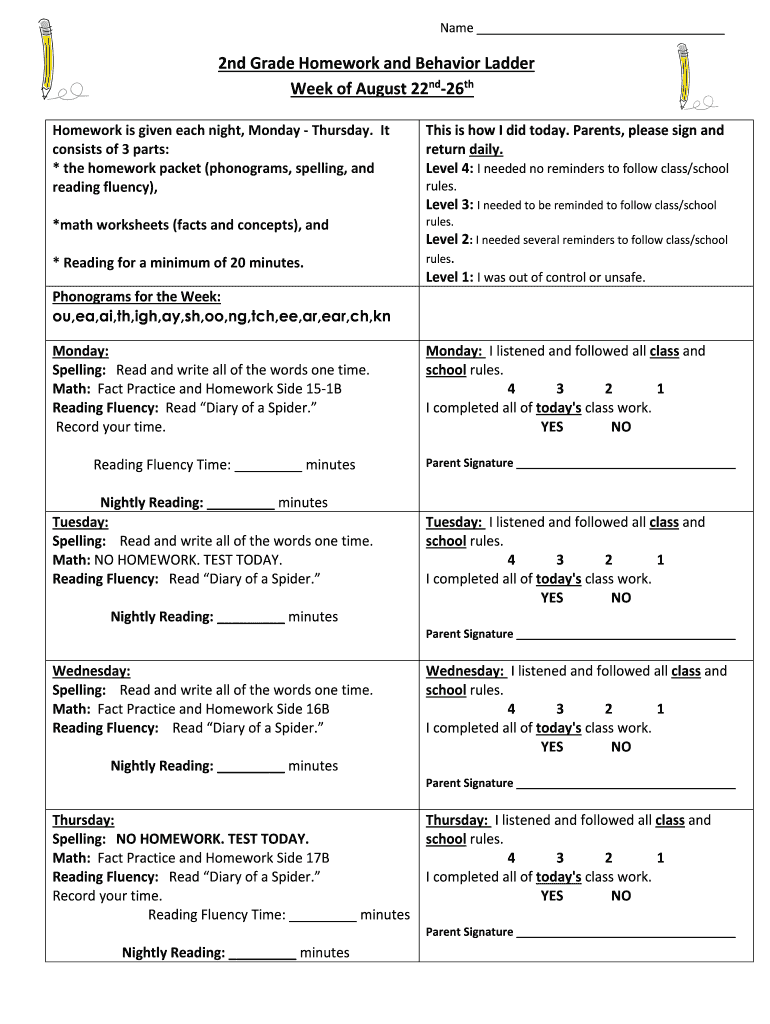 Fillable Online 2nd Grade Homework and Behavior Ladder Fax Email Print - pdfFiller