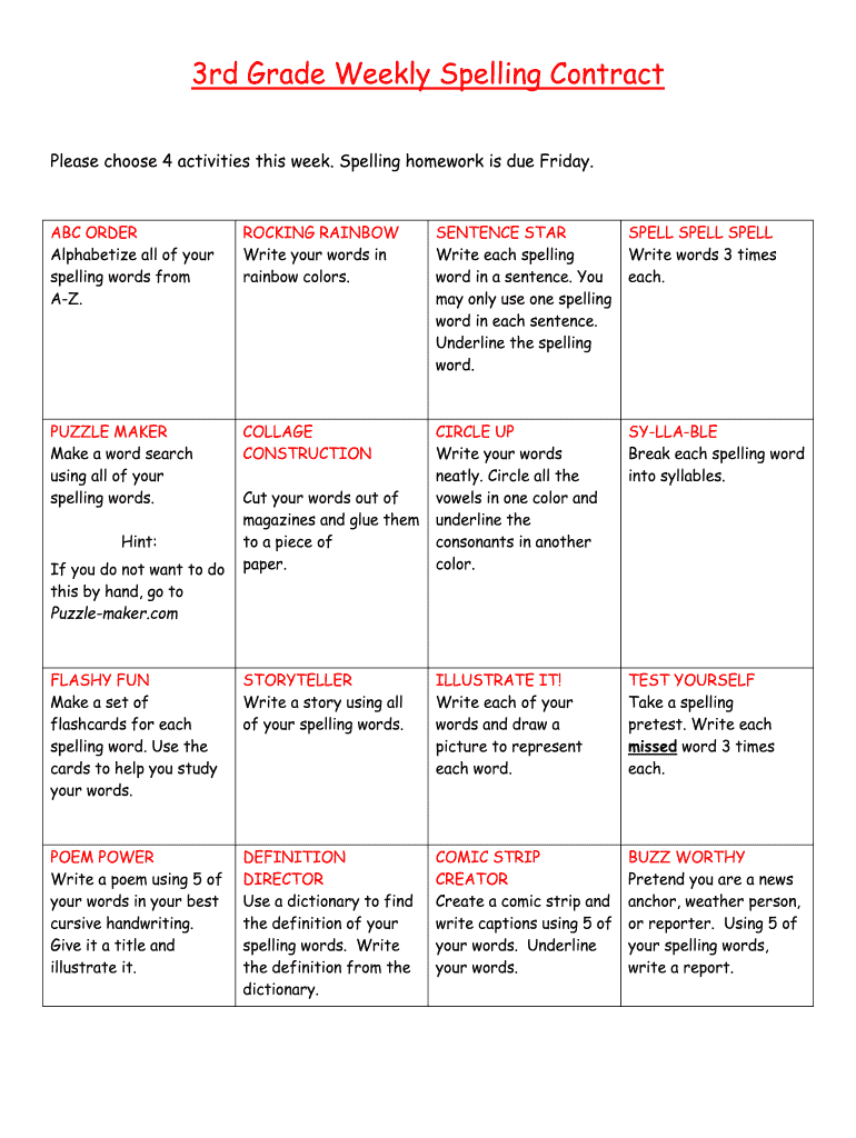 Fillable Online 3rd Grade Weekly Spelling Contract Fax Email Print ...