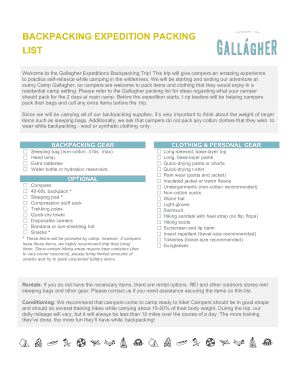 Fillable Online BACKPACKING EXPEDITION PACKING Fax Email Print - pdfFiller