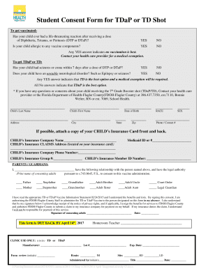 Fillable Online Student Consent Form for TDaP or TD Shot Fax Email ...