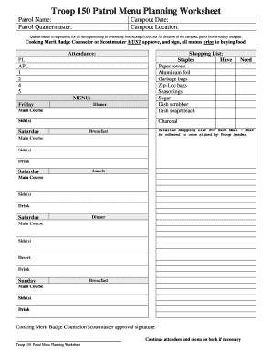 Fillable Online Troop 150 Patrol Menu Planning Worksheet Fax Email ...