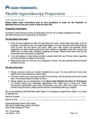 Fillable Online m mydoctor kaiserpermanente Flexible Sigmoidoscopy ...