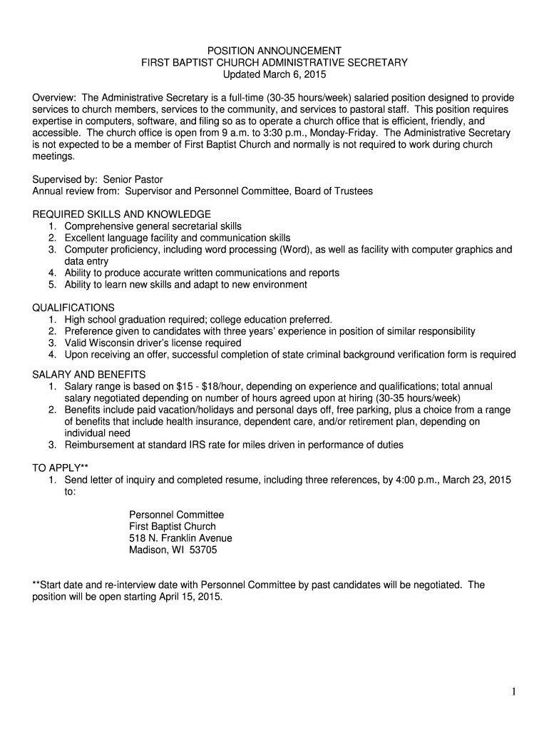 Fillable Online FIRST BAPTIST CHURCH ADMINISTRATIVE SECRETARY Fax Email ...